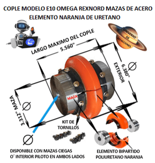E10 COPLE OMEGA REXNORD BARRENO PILOTO EXTERIOR 6 3/8” LARGO 5 9/16 ...