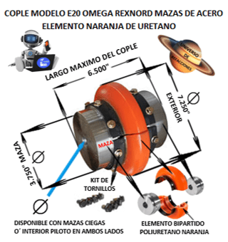 E20 COPLE OMEGA REXNORD BARRENO PILOTO EXTERIOR 7 1/4" LARGO 6 1/2 ...