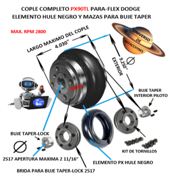 PX90TL COPLE COMPLETO DODGE PARA-FLEX CON BUJES TAPER-LOCK EXTERIOR 9. ...
