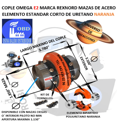E2 COPLE OMEGA REXNORD BARRENO PILOTO EXTERIOR 3 1/2” LARGO 3 13/16 ...