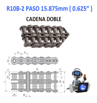R10B-2 CAJA DE CADENA DOBLE LINK BELT DE RODILLOS PASO 15.875mm ( 0.625 ...