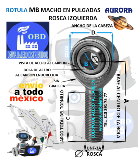 MB-16 ROTULA AURORA MACHO B=1″ UNF-3A =ROSCA 1 1/4-12 IZQUIERDA - OSUNA ...